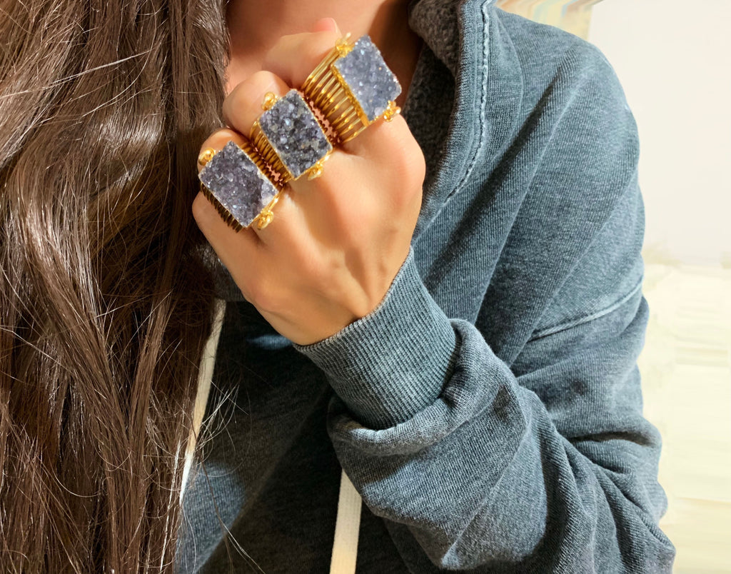 Raw Druzy Rectangle Wire Wrap Rings – Kami Lerner